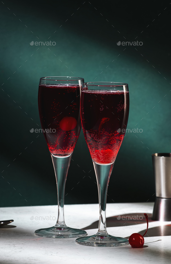 Kir Royale alcoholic cocktail with blackcurrant liqueur, prosecco and ...