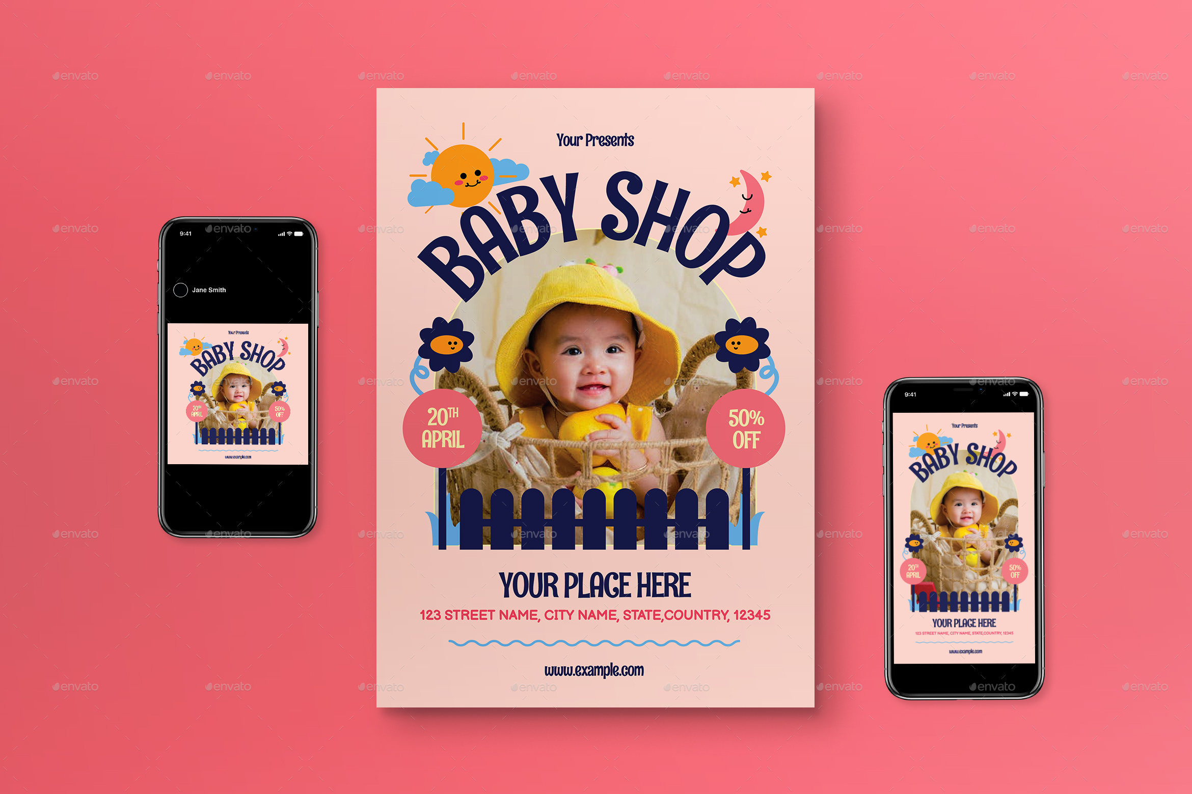 Pink Cartoon Baby Shop Flyer Set, Print Templates | GraphicRiver