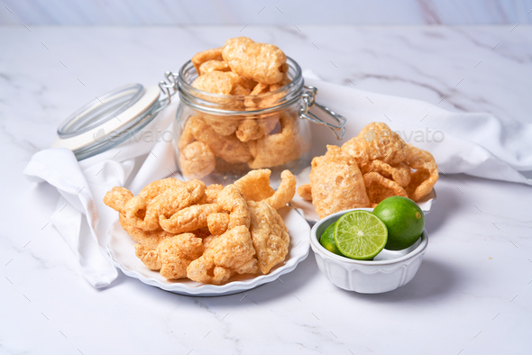 Pork rinds also known as chicharon or chicharrones, deep fried pork ...