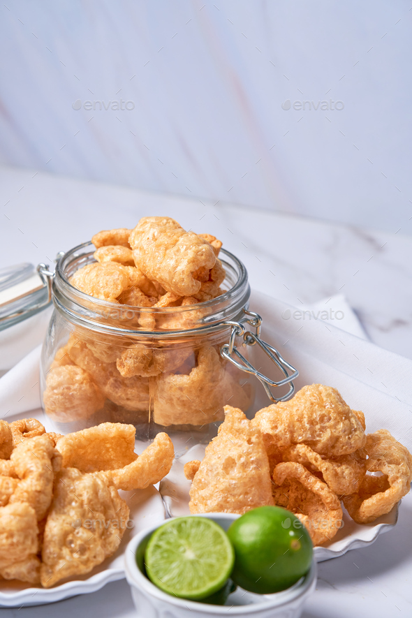 Pork rinds also known as chicharon or chicharrones, deep fried pork ...