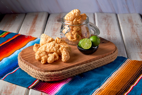 Chicharron, deep fried pork rinds, crispy pork skin pieces, traditional ...