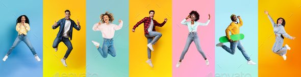 Diverse Positive Excited Young People Jumping On Colorful Backgrounds ...