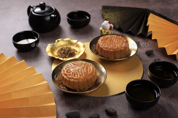 Mooncake Concept on Light Background with Bamboo. Yellow Concept Moon ...