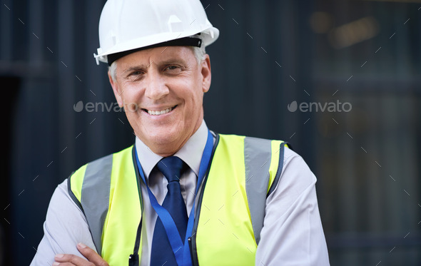 Portrait mature construction worker man smiling confident with arms ...