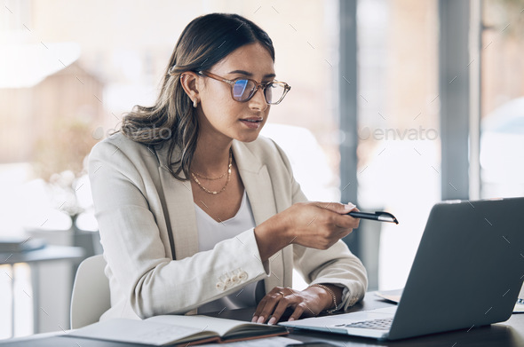 Lawyer, thinking or reading laptop with legal solution help, court case ...