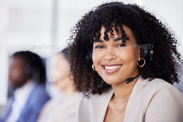 Callcenter, customer service or black woman portrait for customer ...