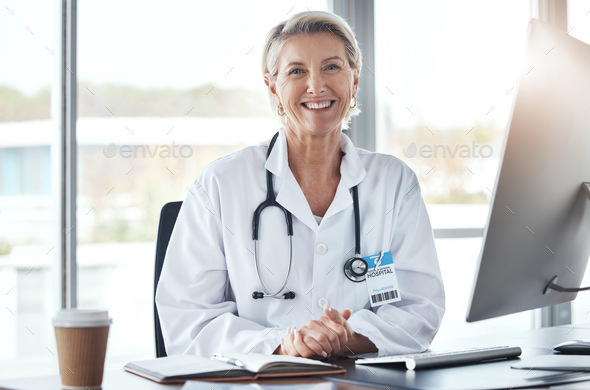 Healthcare, medicine and portrait of a doctor at a desk for medical ...
