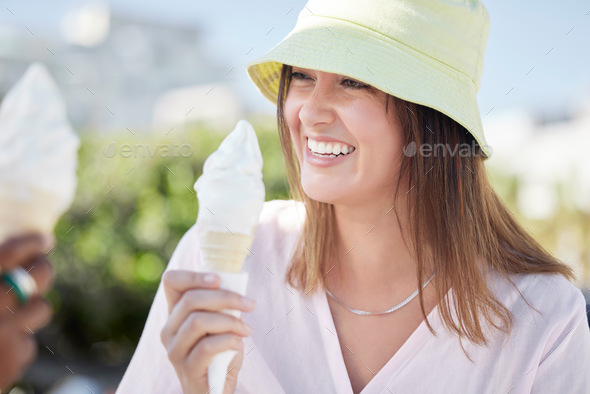 Ice cream, laugh and woman outdoor with dessert in summer vacation with ...