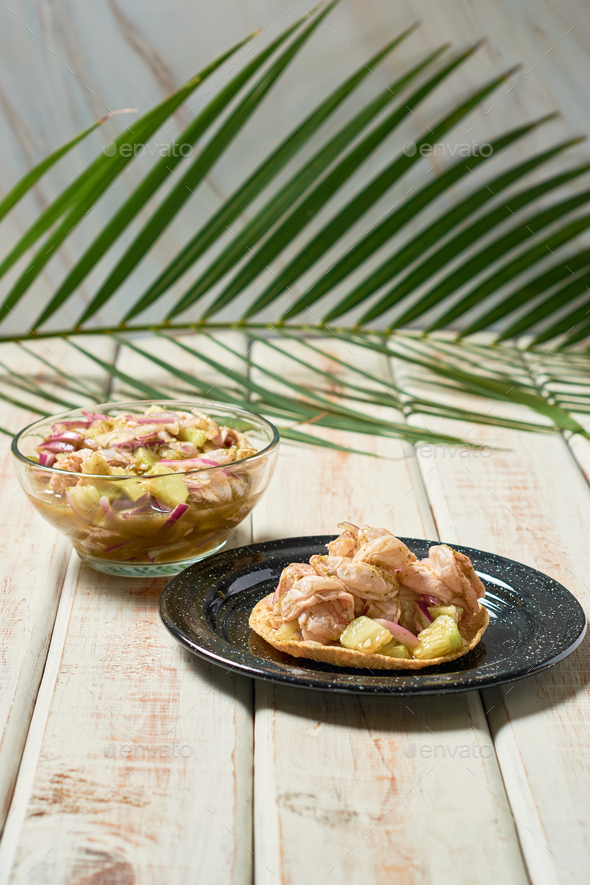 Traditional aguachile from sinaloa, mexico. Shrimp in green sauce ...
