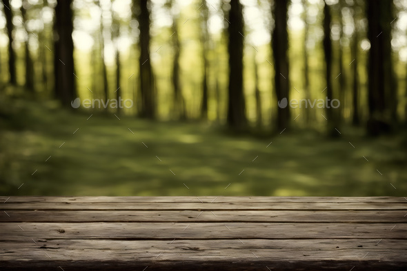 Wooden brown empty shelf for packshot placement and green background ...