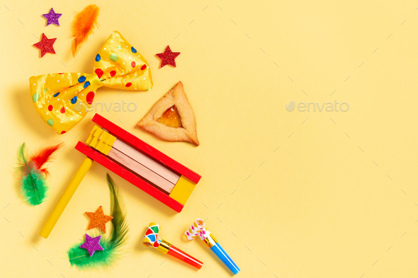 Purim carnival frame with traditional cookies, costume accessories and ...