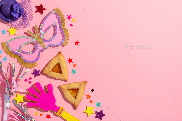 Purim carnival frame with traditional cookies, costume accessories and ...