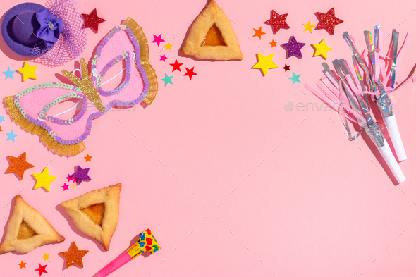 Purim carnival frame with traditional cookies, costume accessories and ...