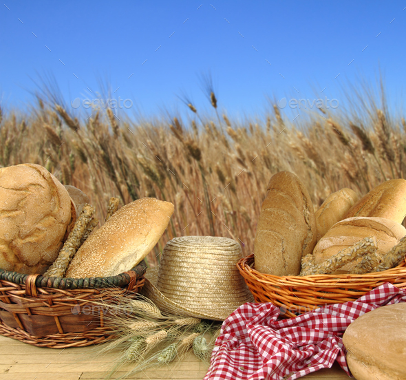 Various types of bread in front of a wheat field Stock Photo by rawf8