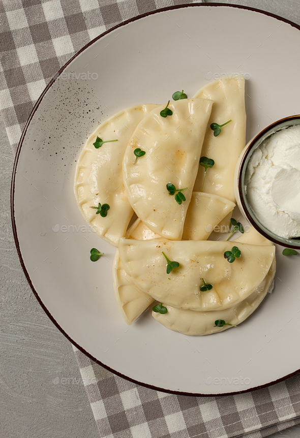 Pierogi, a traditional dish of Polish cuisine, dumplings, top view ...