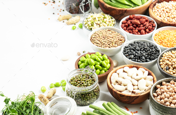 Legumes and beans. Dried, raw and fresh. Lentils, chickpeas, mung beans ...