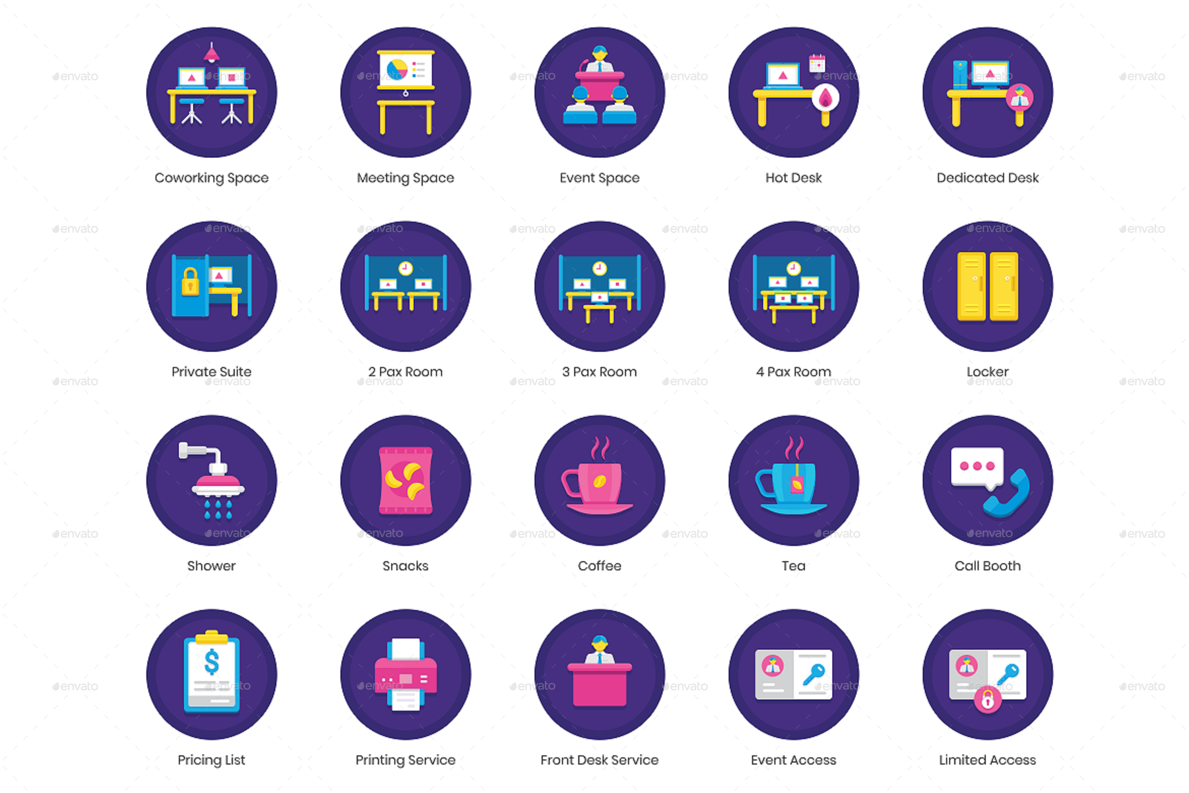 100 Coworking Space Icons - Orchid Series, Icons | GraphicRiver