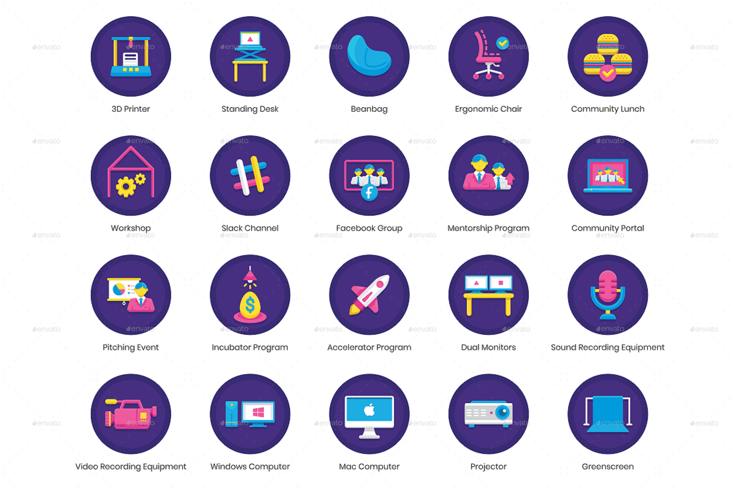 100 Coworking Space Icons - Orchid Series, Icons | GraphicRiver