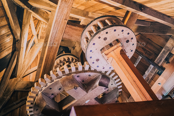 Radars and rotating parts of a traditional wooden windmill for grinding ...