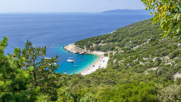 High angle seascape image of amazing beach in Lubenice, Cres, Croatia ...