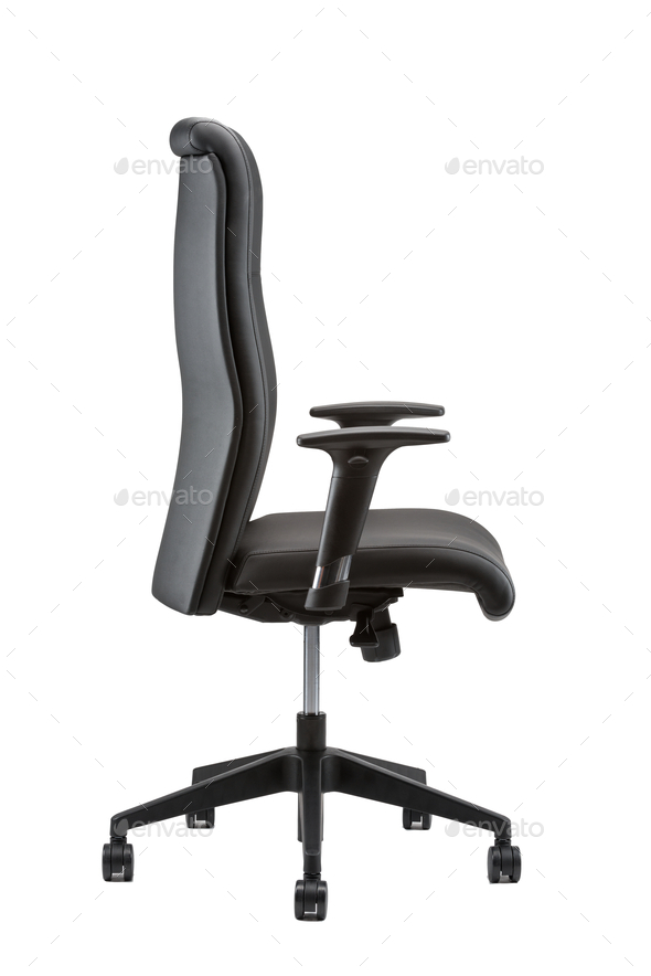 Vertical side view of black office chair isolated on white background ...