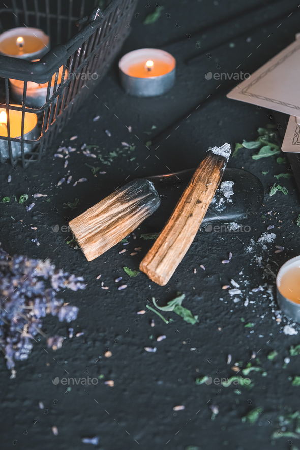 Esoteric, Occult mystical ritual scene of sorcery tarot candles, dried ...