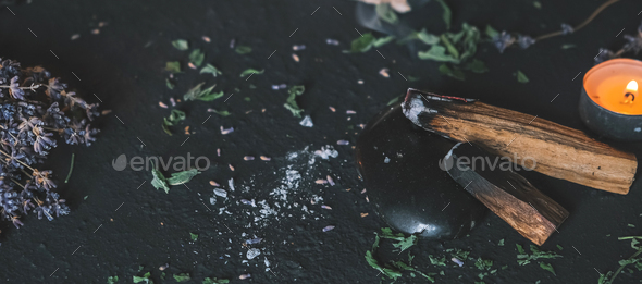 Esoteric, Occult mystical ritual scene of sorcery tarot candles, dried ...