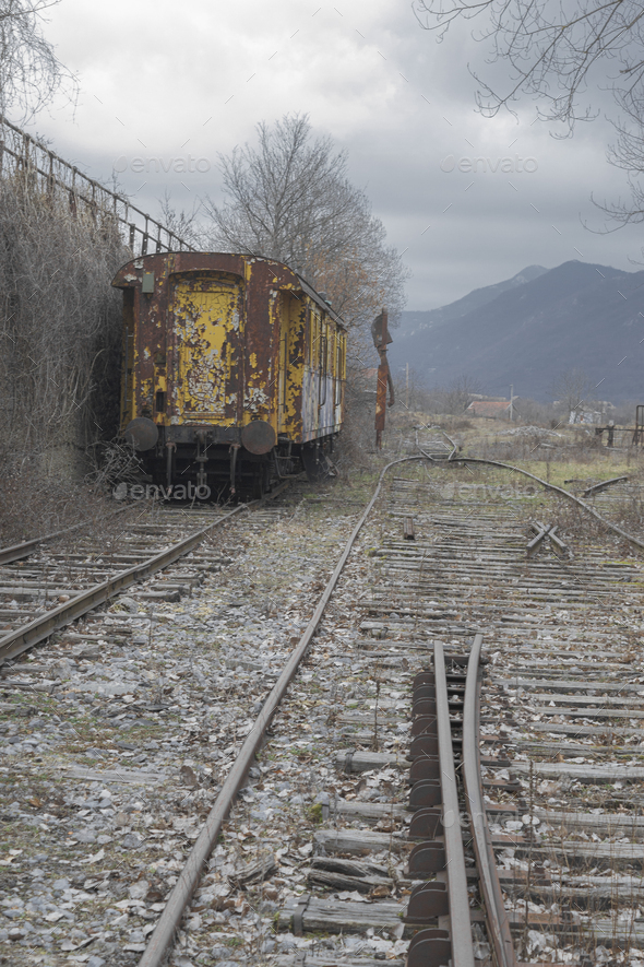 A view of an abandoned railroad station on a disused railroad Stock ...