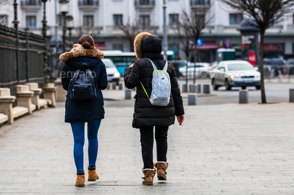 People moving walking on the streets in downtown Bucharest, Romania ...