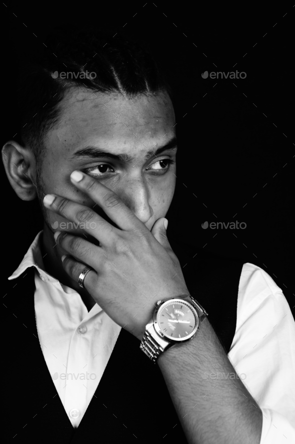 Black and white portrait of a handsome Indian man in shock wearing a ...
