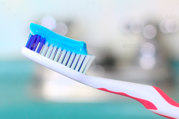 Closeup shot of a toothbrush with a strip of blue toothpaste Stock ...