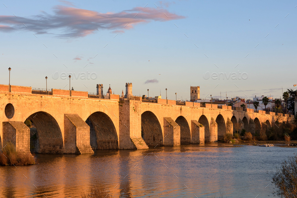 Landscape of the Palmas bridge during the sunset in Badajoz, Spain ...