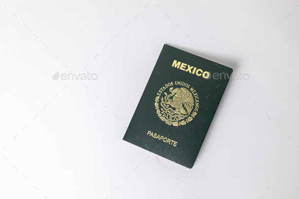 Top view of a Mexican passport against a white background with space ...
