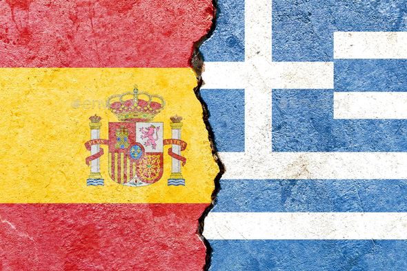 Flags of Spain and Greece painted on cracked wall background Stock ...