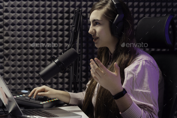 Female host broadcasting radio program Stock Photo by arthurhidden