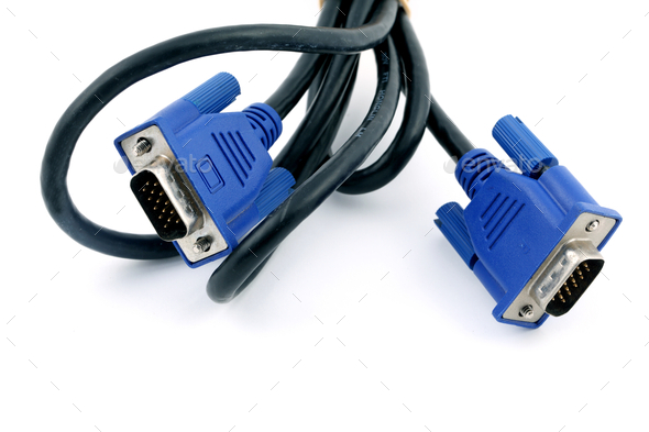 Blue VGA cable isolated on white background Stock Photo by wirestock
