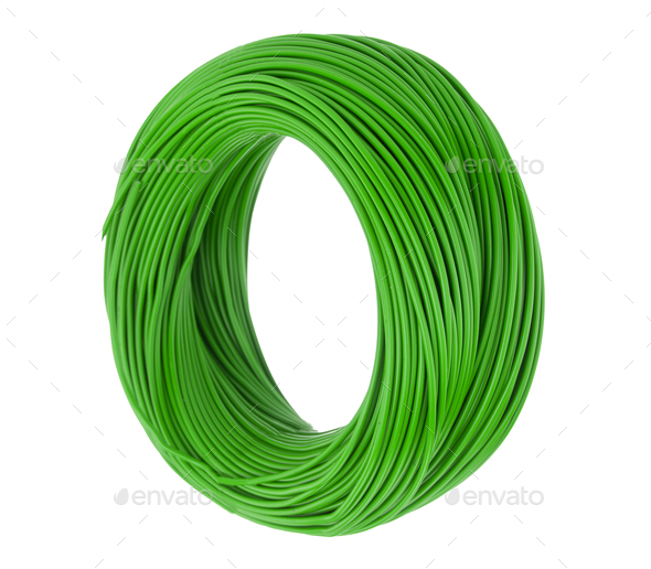 Round roll of green electrical cable lying on workshop table isolated ...