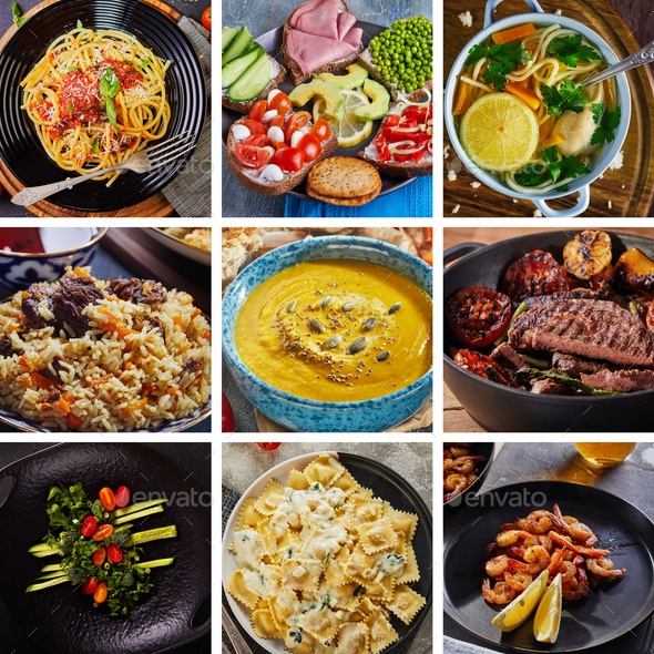 Collage of food photos with appetizers, hot and meat dishes Stock Photo ...