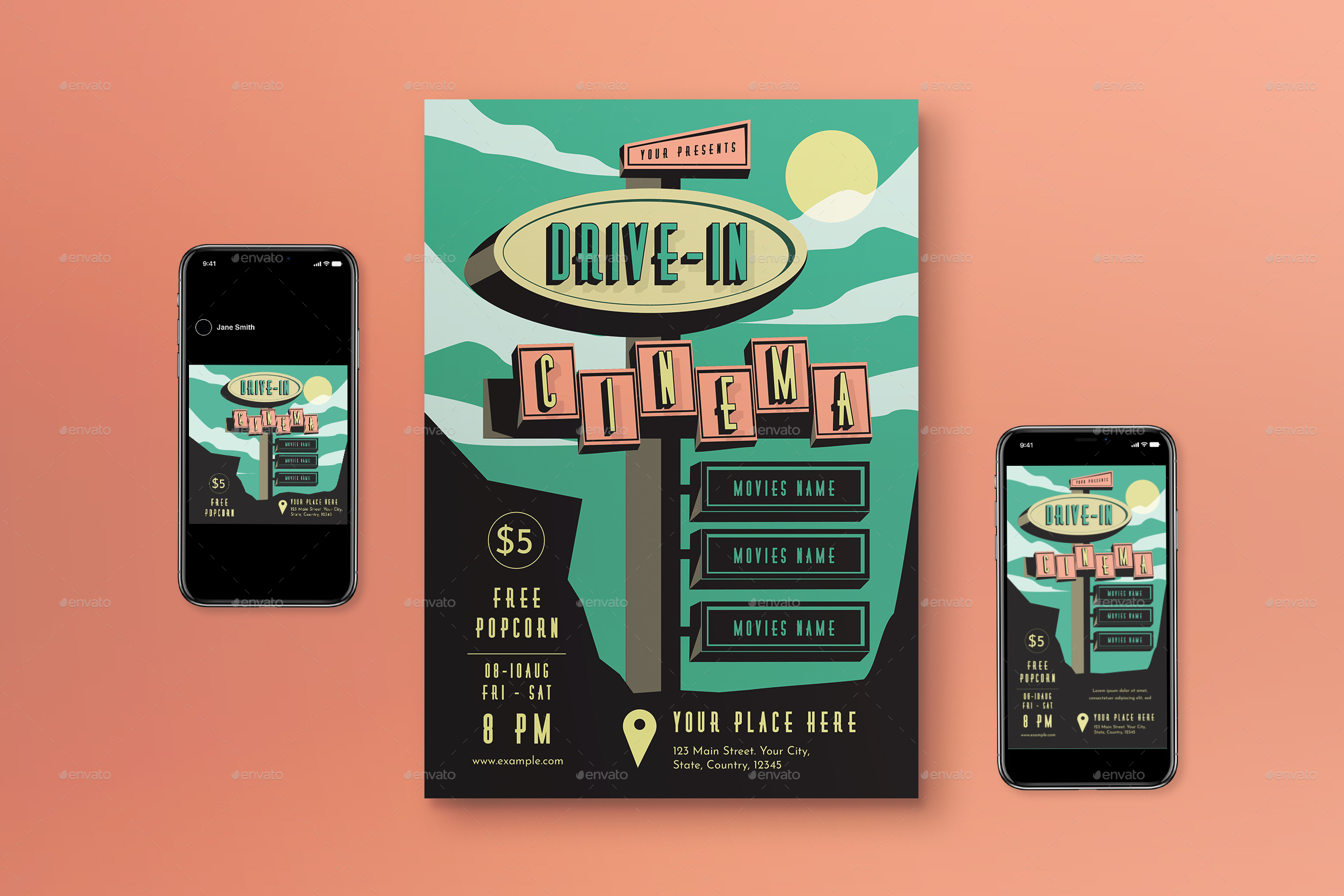 Blue Retro Drive-In Cinema Flyer Set, Print Templates | GraphicRiver