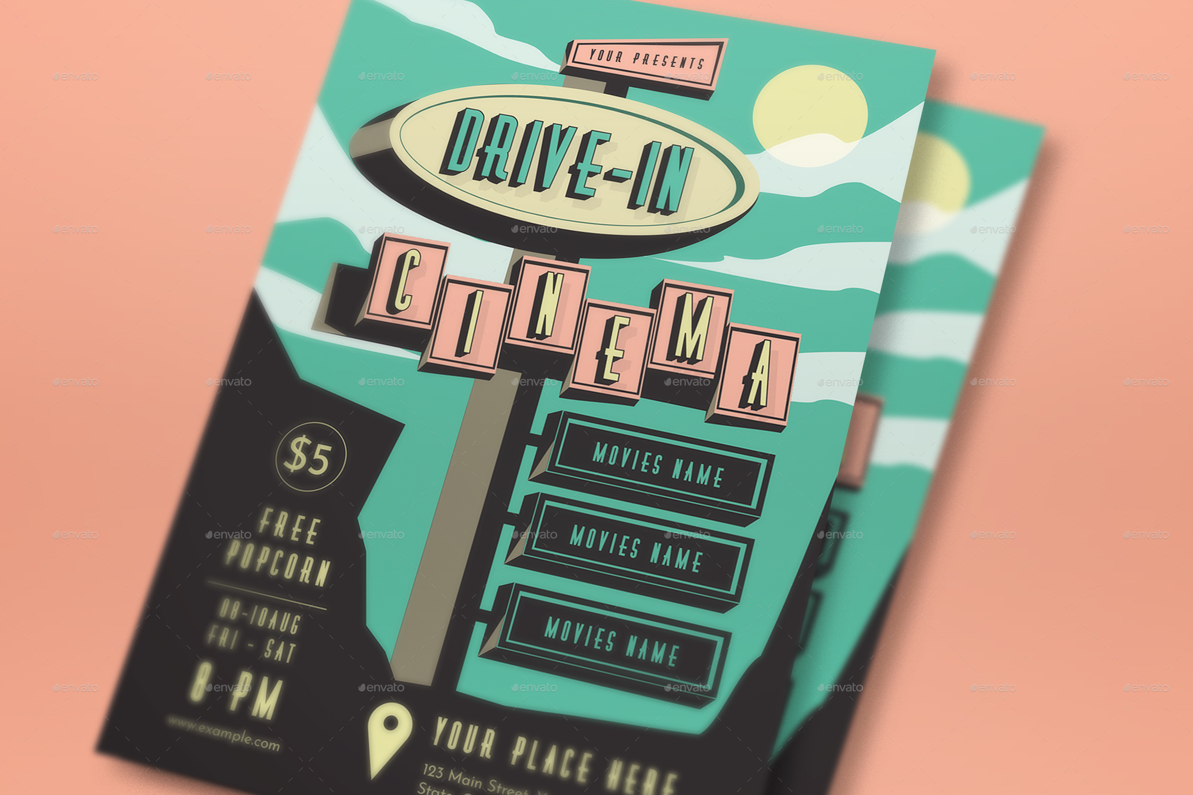 Blue Retro Drive-In Cinema Flyer Set, Print Templates | GraphicRiver