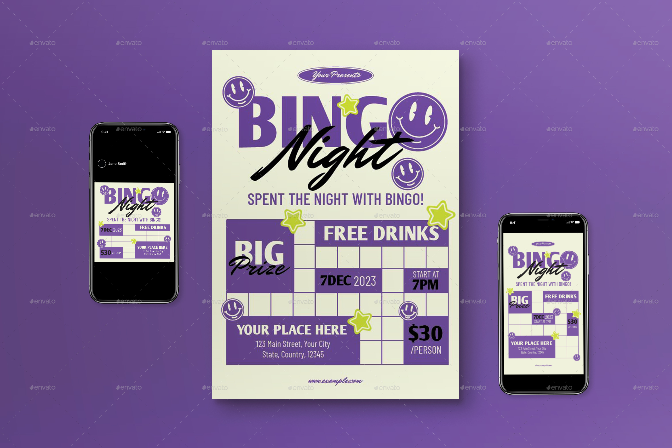 Purple Retro Bingo Night Flyer Set, Print Templates | GraphicRiver
