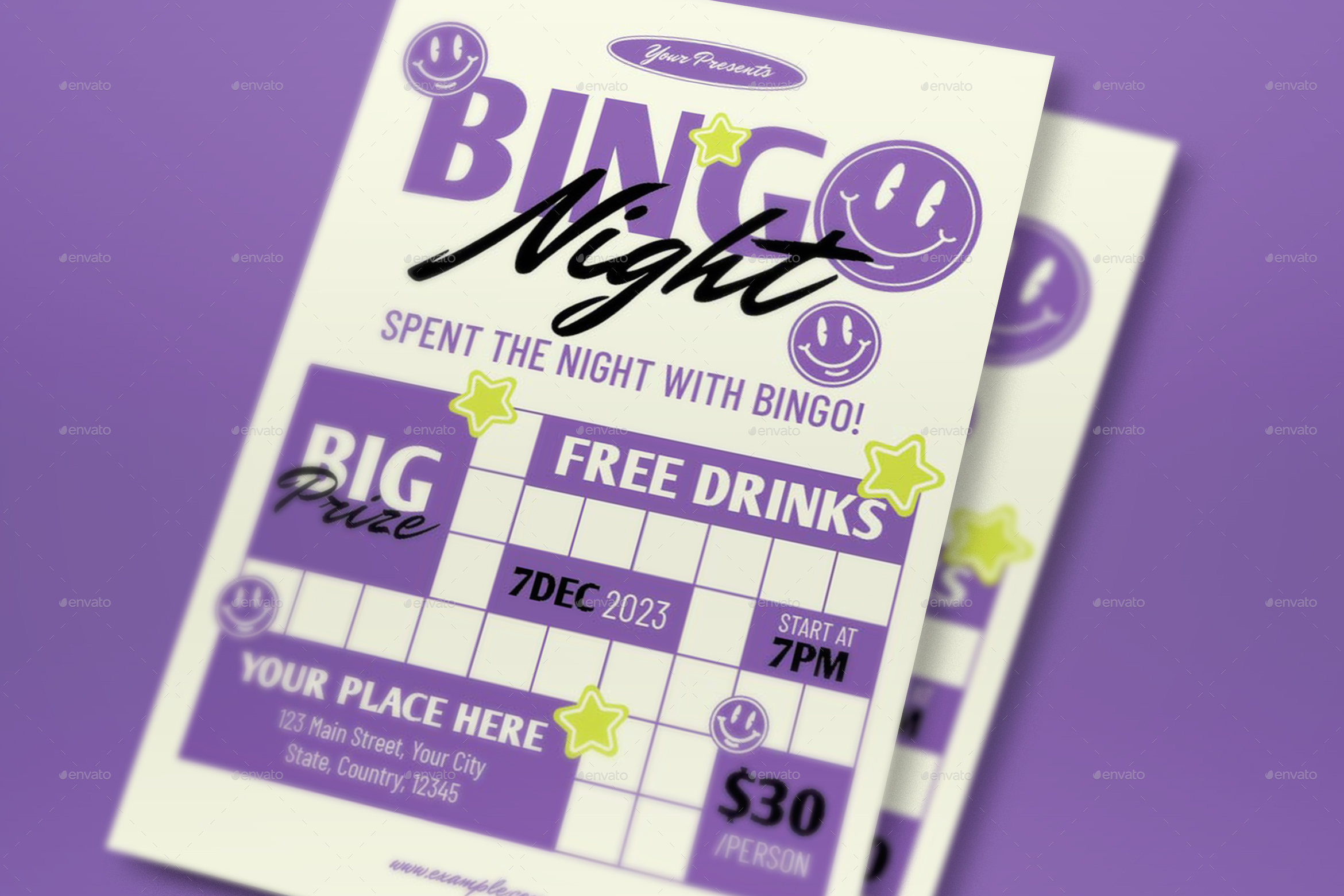 Purple Retro Bingo Night Flyer Set, Print Templates | GraphicRiver