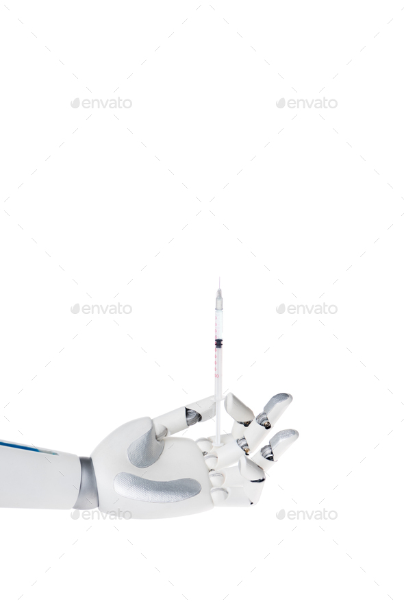 robot hand holding syringe for injection isolated on white Stock Photo ...