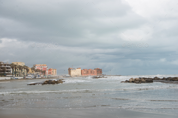 antique buildings over coastline on stormy day, Anzio, Italy Stock ...