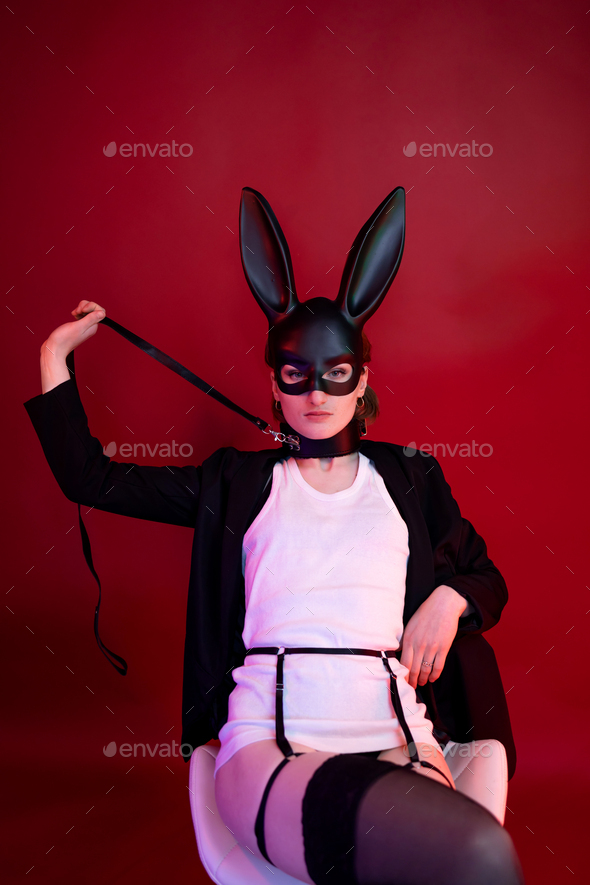 Photo of gorgeous lady prostitute charming look wearing black bunny ...