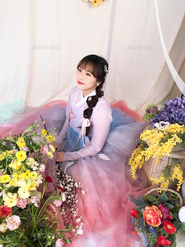 Korean female model wearing traditional Korean clothing, Hanbok. Stock ...