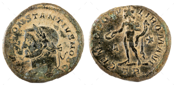 Ancient Roman copper coin of Emperor Constantius isolated on white ...