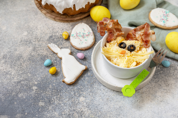 Easter breakfast idea. Scrambled eggs easter bunny on a stone ...