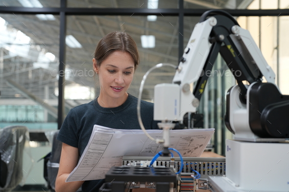 Female technician programs a robot arm with a digital tablet and ...