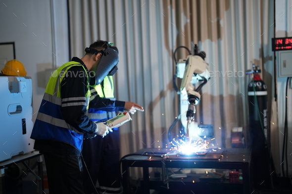 Robotic Arm engineer check on equipment in its with software of an ...